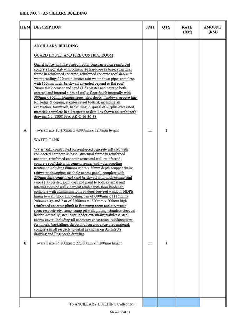 SOW No.3 Ancillary Buidling | PDF | Concrete | Wall