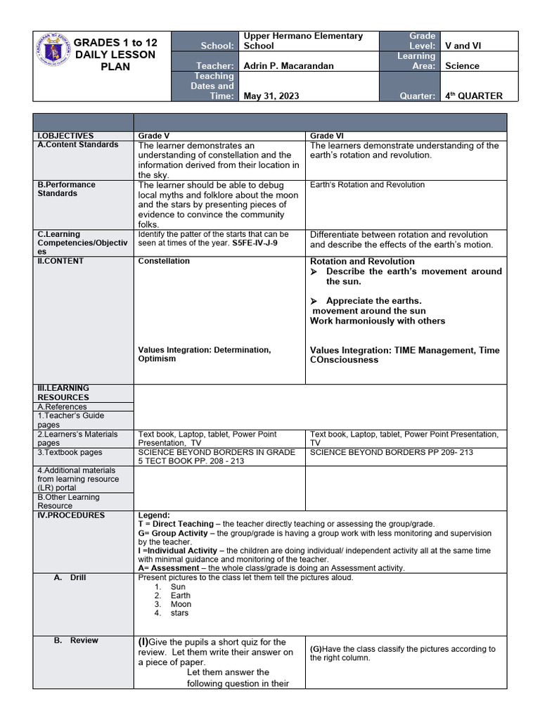 Lesson Plan in SCIENCE in Fourth Grading | PDF | Learning ...