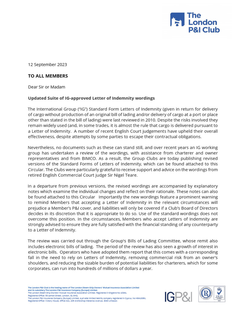 UPDATED LOIs LONDON P&I CLUB - 12 September 2023 | PDF | Bill Of Lading ...