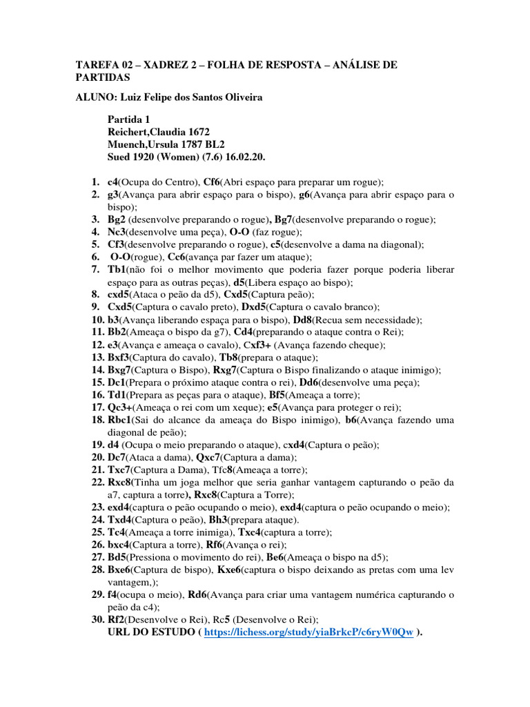 Tarefa 02 - Xadrez 2 - Folha de Resposta - Análise de Partidas | PDF | Aberturas (xadrez ...