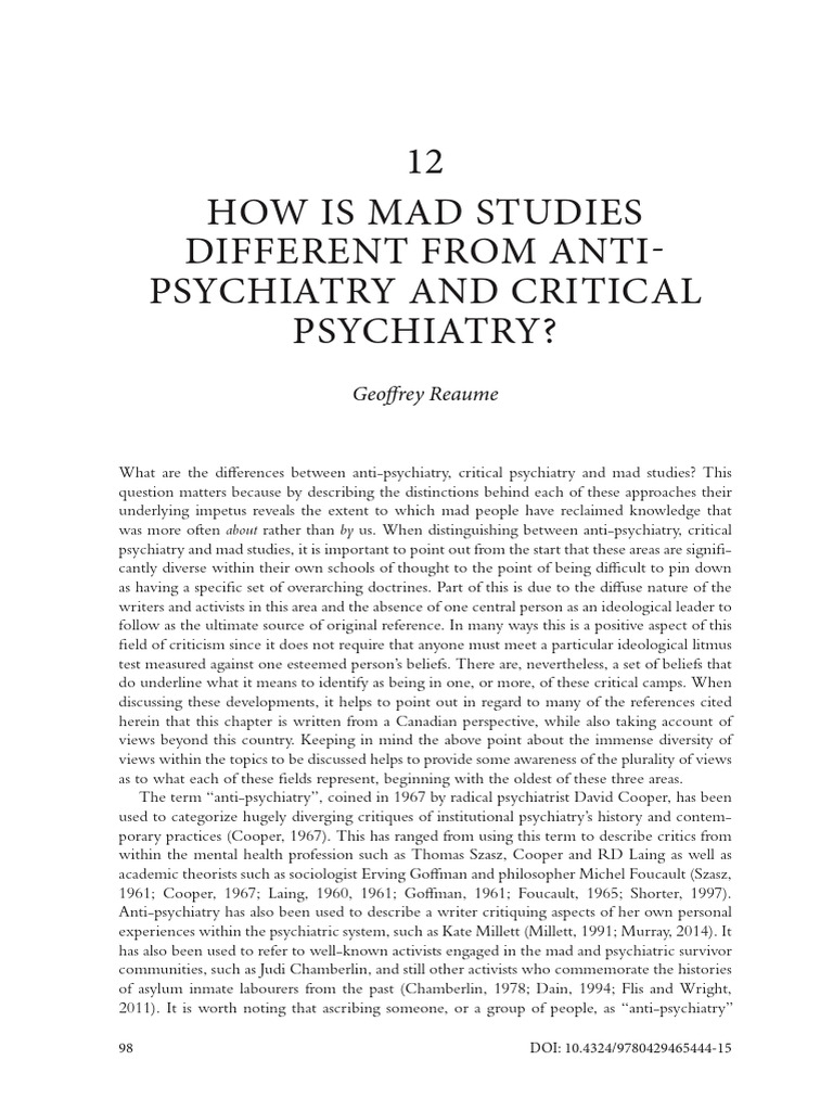 Reaume How Is Mad Studies Different From Anti Psychiatry and Critical ...