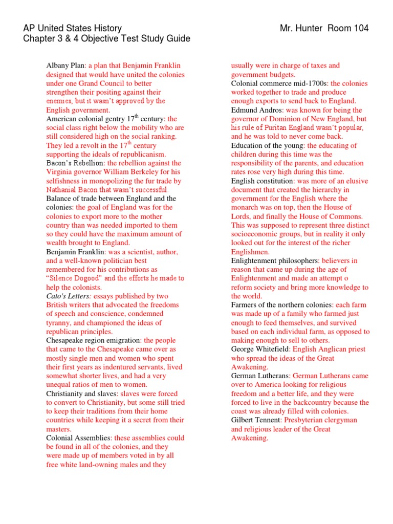 AP United States History Mr. Hunter Room 104 Chapter 3 & 4 Objective ...
