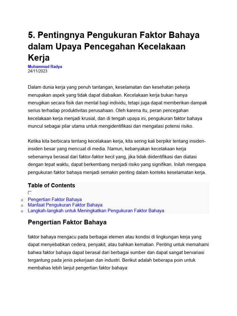 5 5. Pentingnya Pengukuran Faktor Bahaya Dalam Upaya Pencegahan Kecelakaan Kerja | PDF