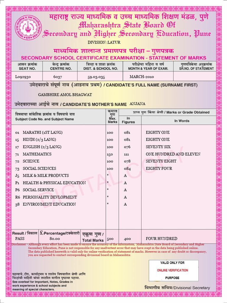 SSC Marksheet | PDF