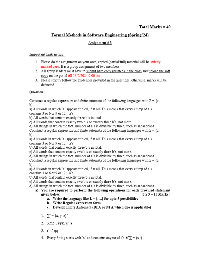 FM Assignment # 3 Unsolved | PDF | Theoretical Computer Science | Formal Methods