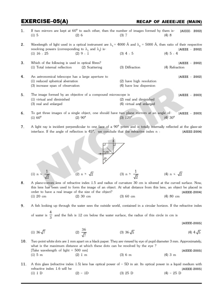 Ray-Optics & Optical Instruments - Ex-5 (A) & 5 (B) | PDF | Angular Resolution | Optics