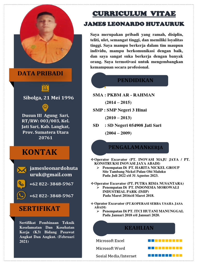 Cv. James Leonardo Hutahuruk - Operator Excavator | PDF