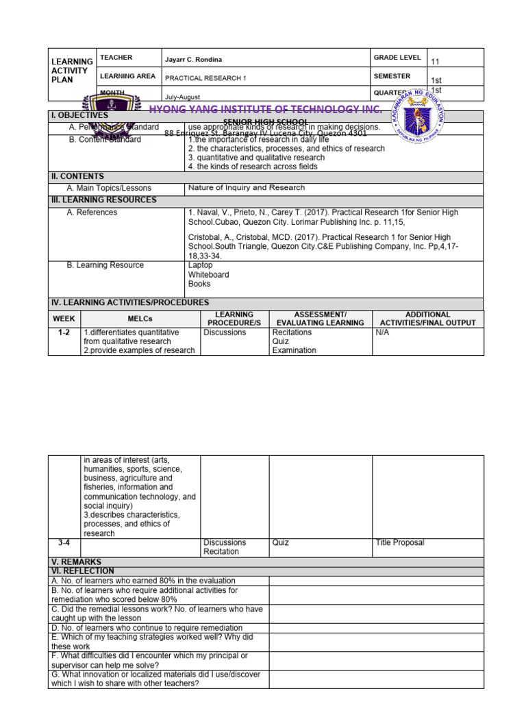 Lesson Plan 1 | PDF | Learning | Procedural Knowledge
