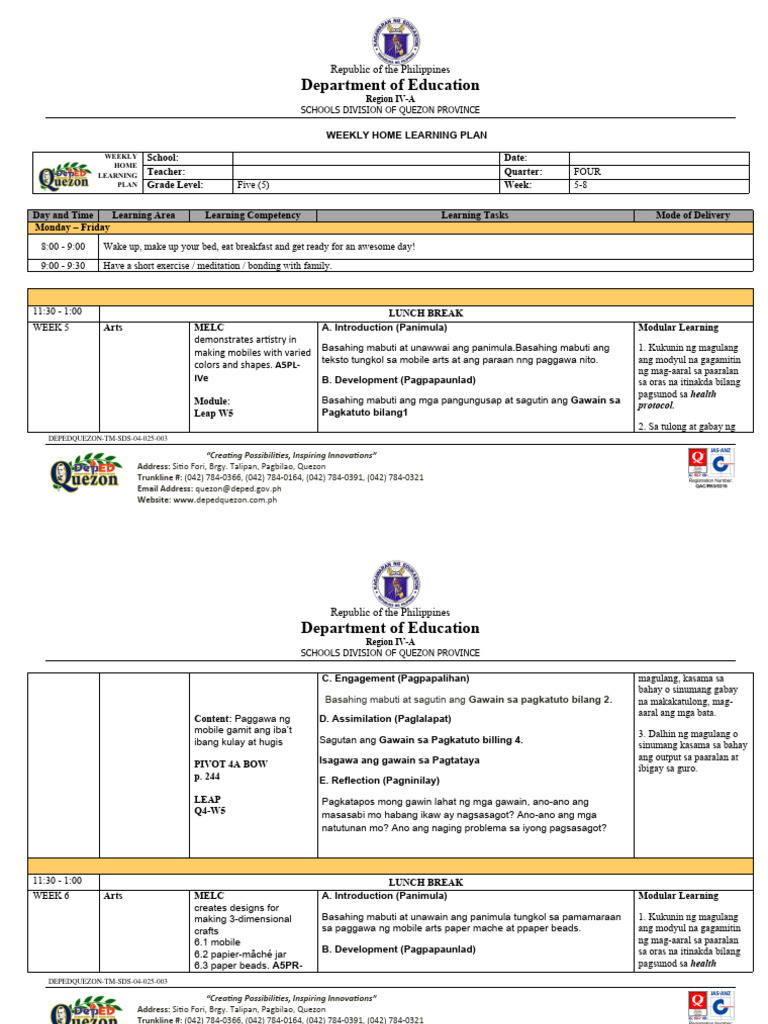 Arts Week 1 4 Quarter 1 Weekly Home Learning Plan Template | PDF