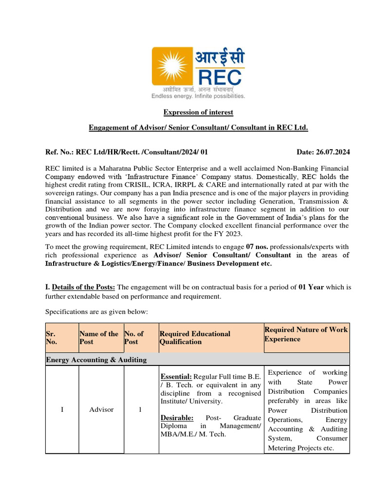 REC Limited Consultant Ond More Notice 2024 | PDF | Reserve Bank Of ...