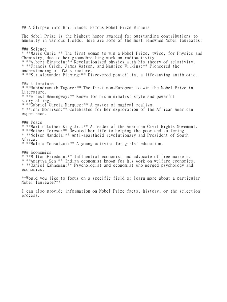 A Glimpse Into Brilliance Famous Nobel Prize Winners | PDF
