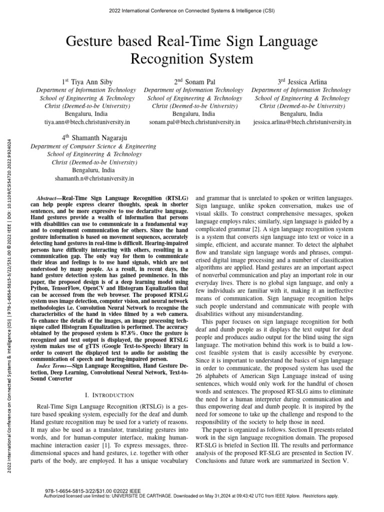 Gesture Based Real-Time Sign Language Recognition System | PDF | Deep Learning | Sign Language