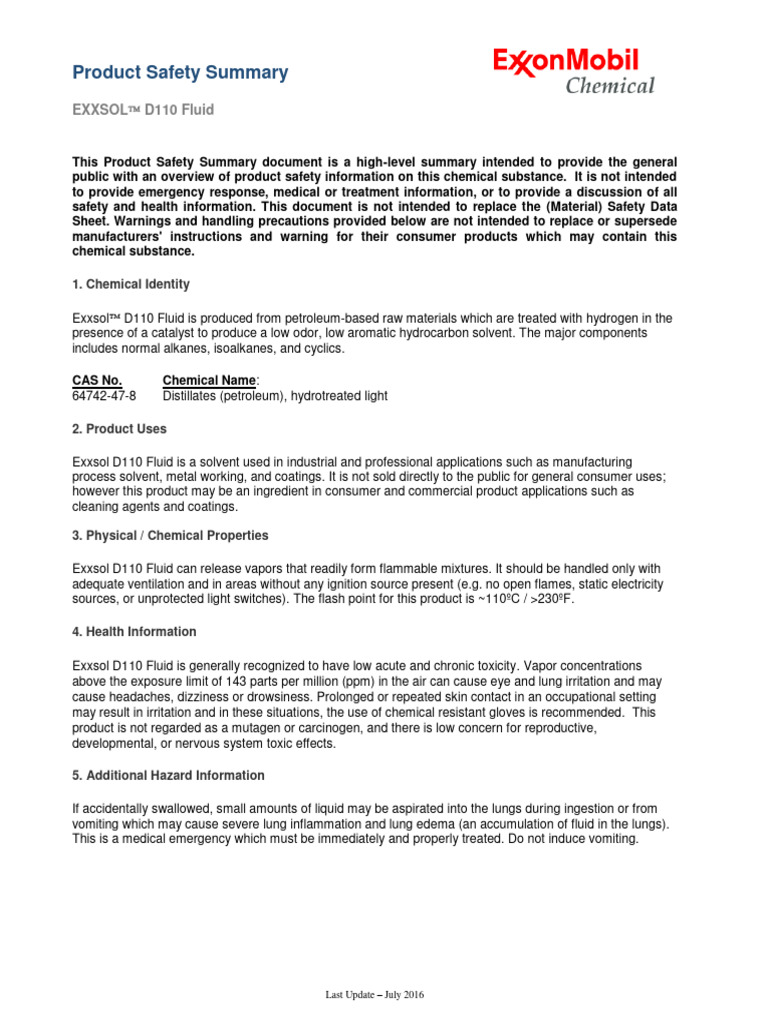 Exxsol D110 Product Safety Summary | PDF | Toxicity | Solvent