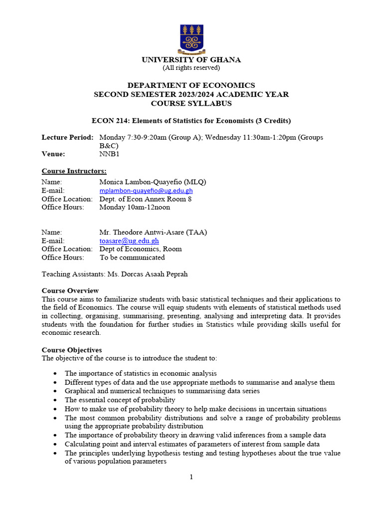 ECON 214 Outline 2023-2024 | PDF | Normal Distribution | Mean