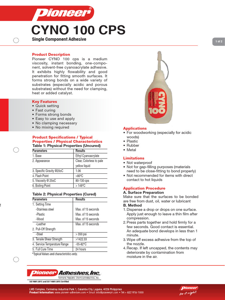 Pioneer CYNO 100 cps Adhesive Overview | PDF | Adhesive | Legal Liability