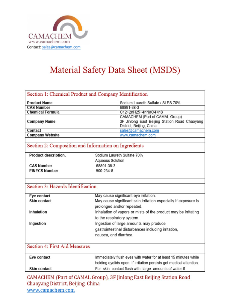Camachem Sodium Laureth Sulfate or SLES 70 SDS MSDS | PDF | Water | Sulfur