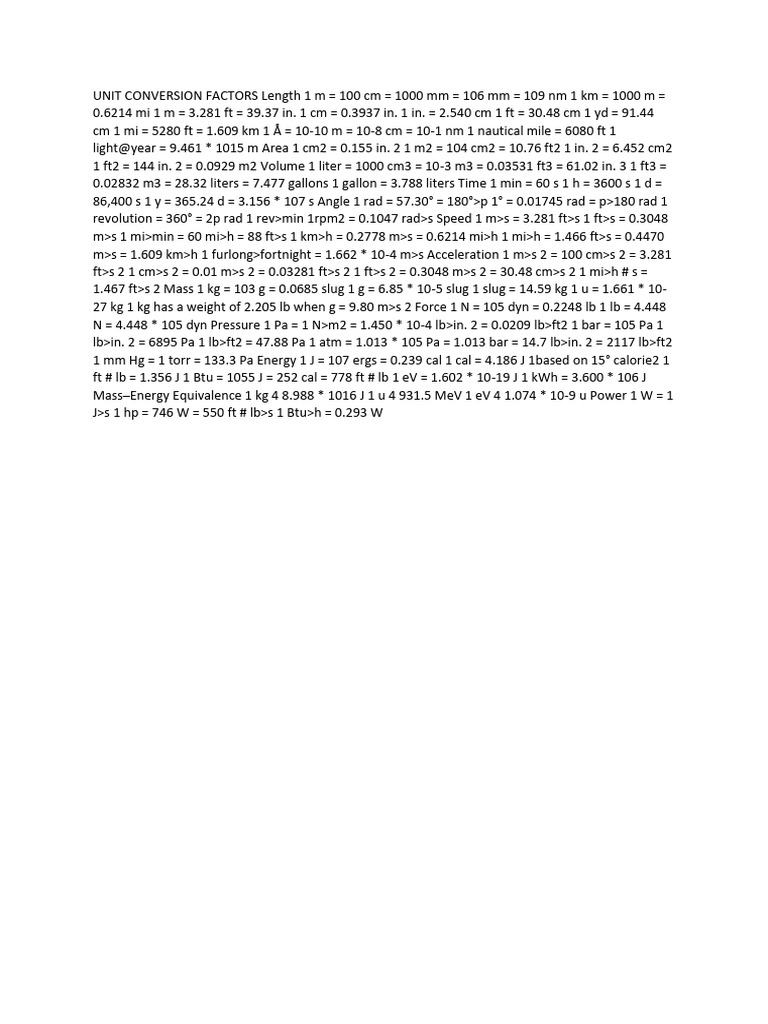 UNIT CONVERSION FACTORS Length 1 M | PDF | Science & Mathematics