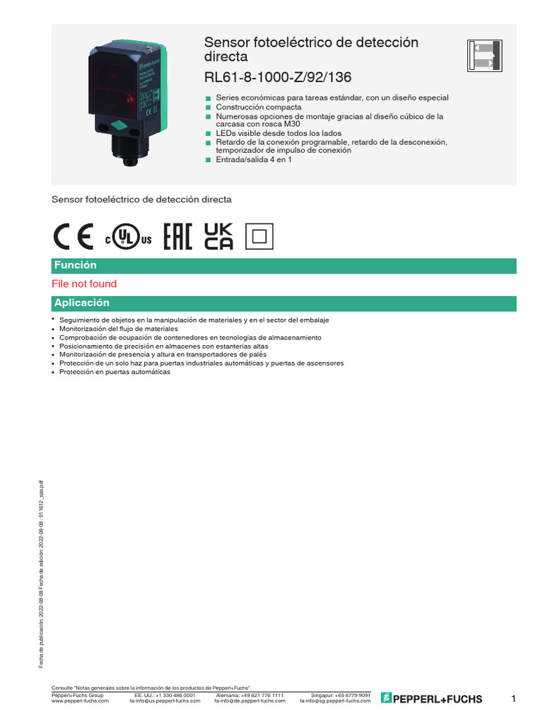 Sensor Fotoeléctrico de Detección Directa RL61-8-1000-Z/92/136 | PDF | Instrumento de medición