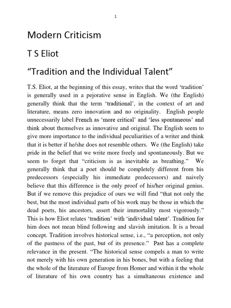 Tradition and The Individual Talent T S Eliottradition and The ...