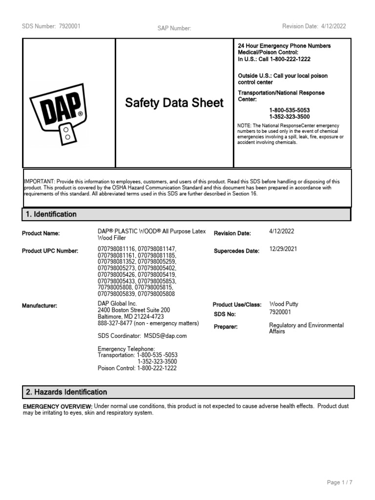 DAP Plastic Wood All Purpose Wood Filler SDS 2217899 | PDF | Silicon ...