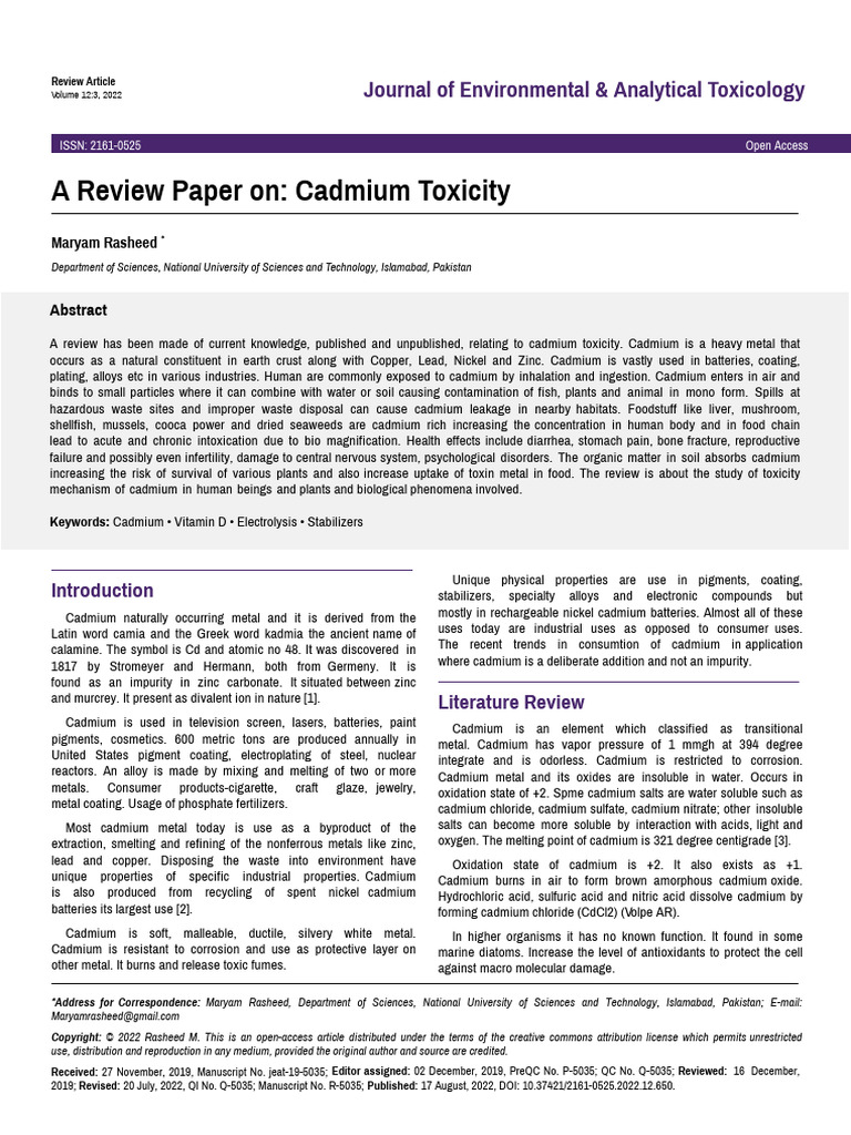 A Review Paper On Cadmium Toxicity | PDF | Cadmium | Chemical Substances