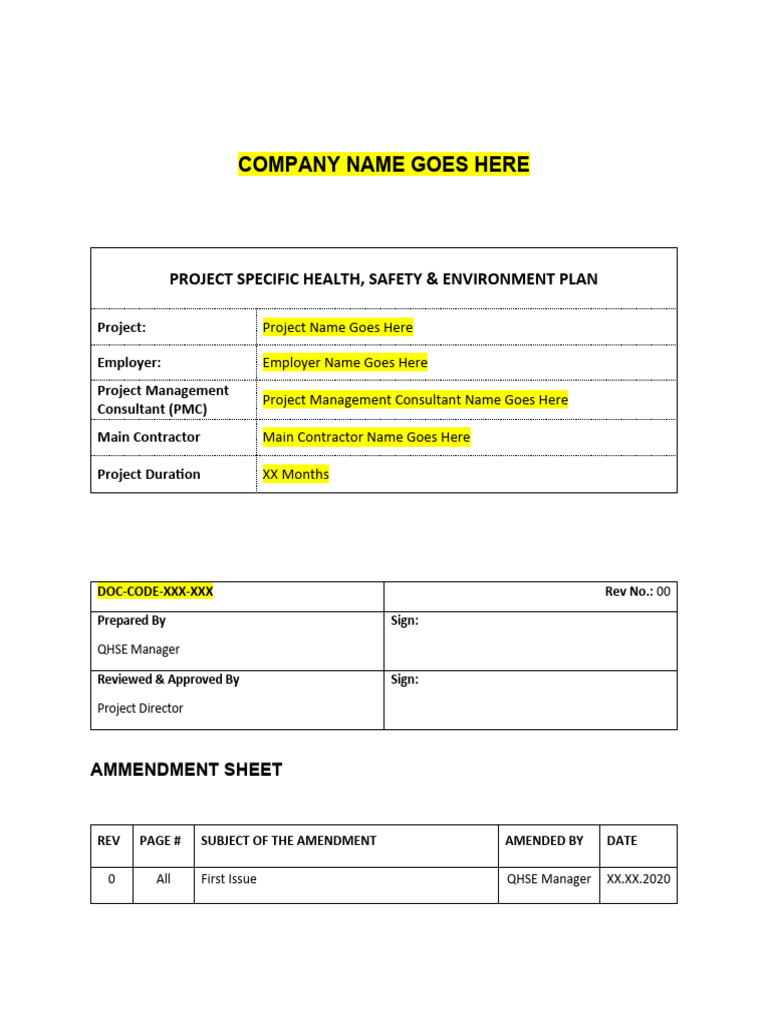 Health, Safety, Environment Plan | PDF | Occupational Safety And Health ...