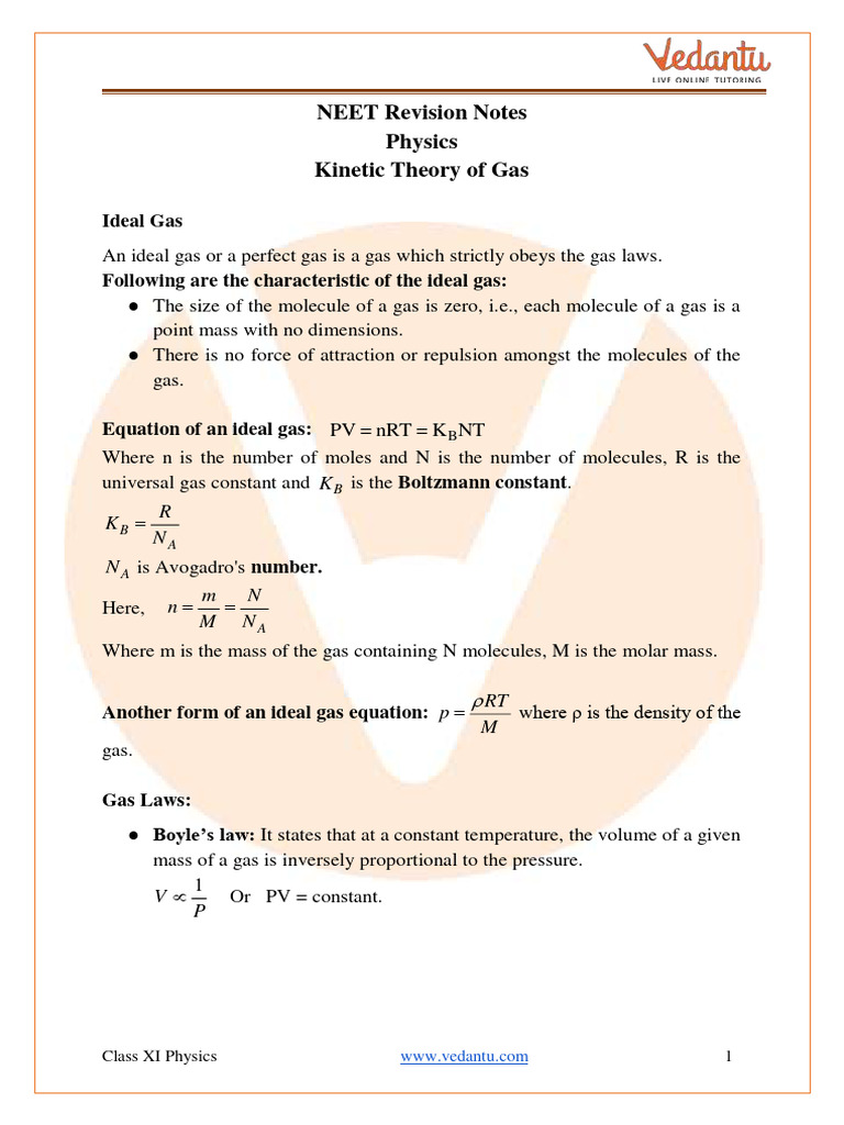 Revision Notes On Kinetic Theory of Gases For NEET 2024 - Free PDF ...