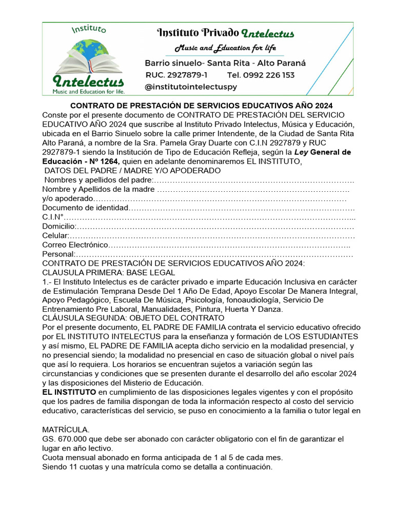 Contrato de Prestación de Servicios Educativos Año 2024 El Mero Mero | PDF | Evaluación | Escuelas