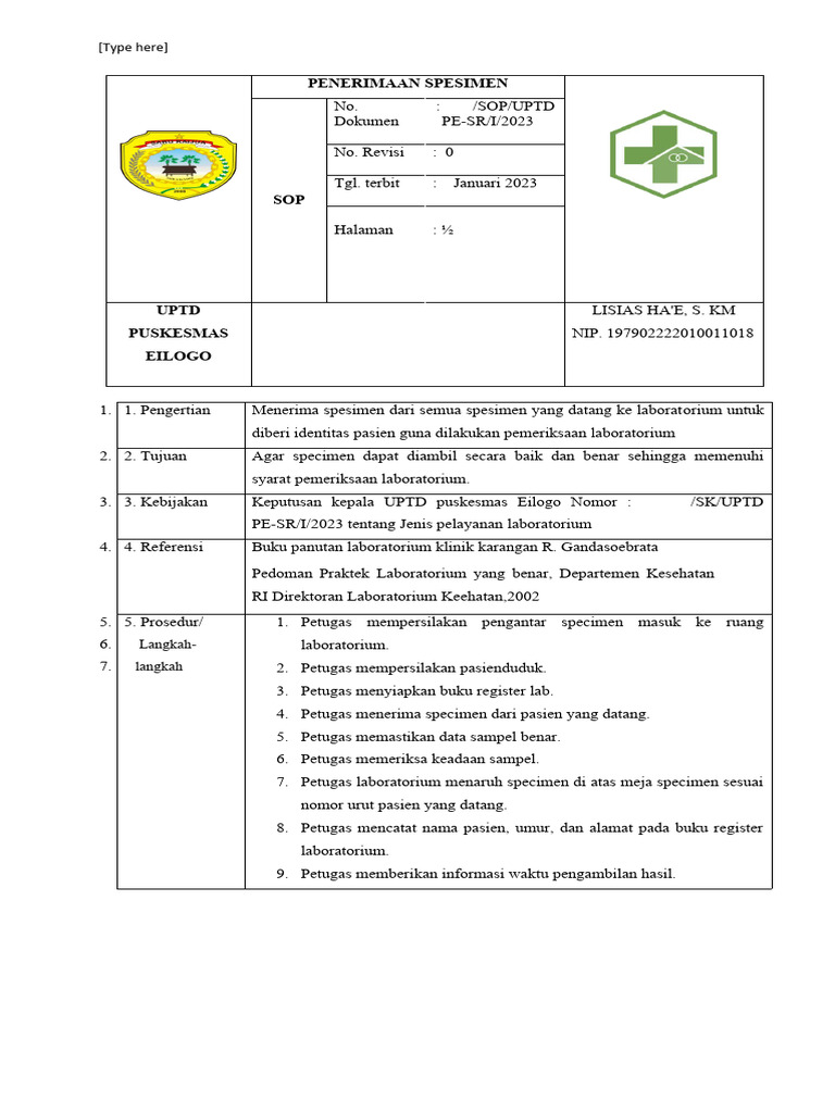Sop Penerimaan Spesimen | PDF