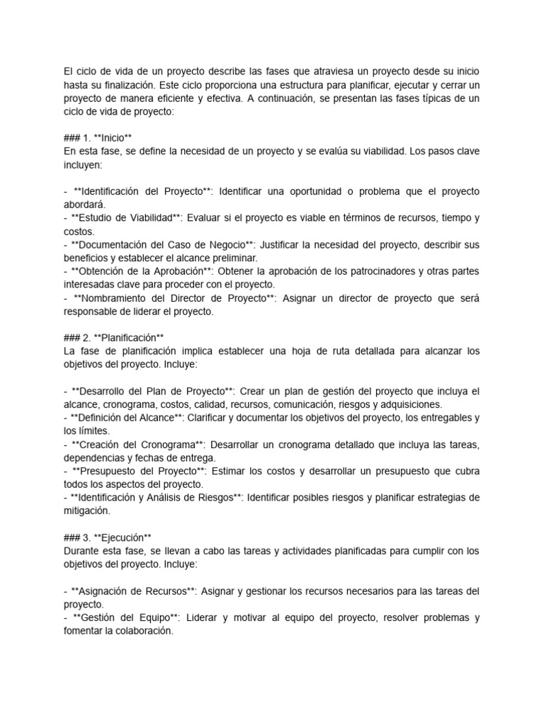 Ciclo De Vida De Un Proyecto Pdf Business