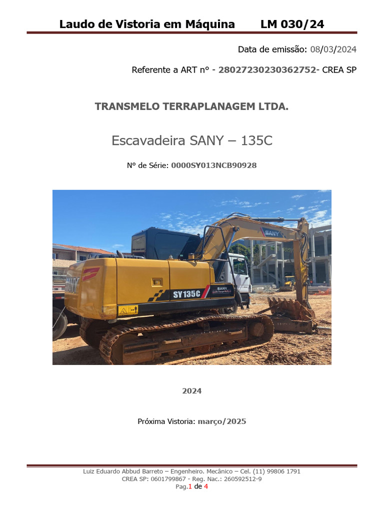 Laudo de Vistoria em Máquina - LM 030 24 - SANY - SY135C | PDF