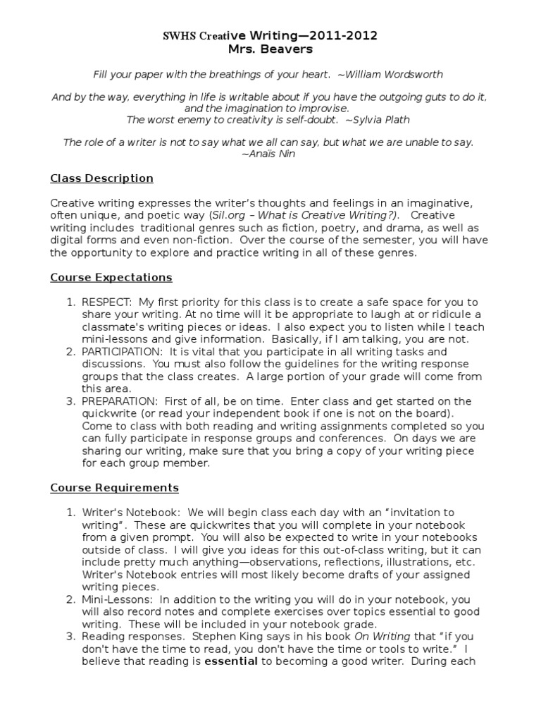 Creative Writing Syllabus 2011 | PDF | Creative Writing | Homework