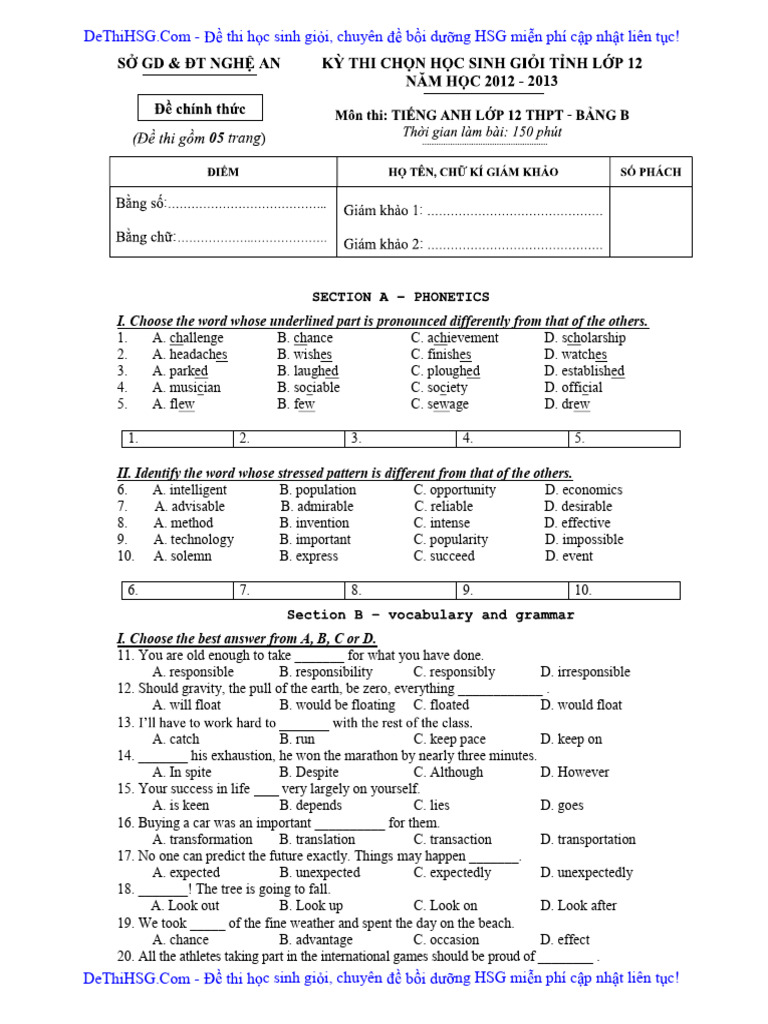 Dap an Va de Thi Hoc Sinh Gioi Mon Anh Van Lop 12 So GD DT Nghe-An Nam Hoc 2012 2013 (Bảng B ...
