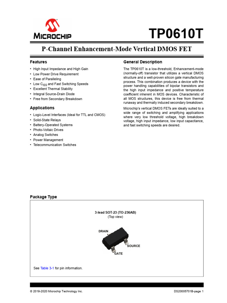 TP0610T P Channel Enhancement Mode Vertical DMOS FET Data Sheet ...