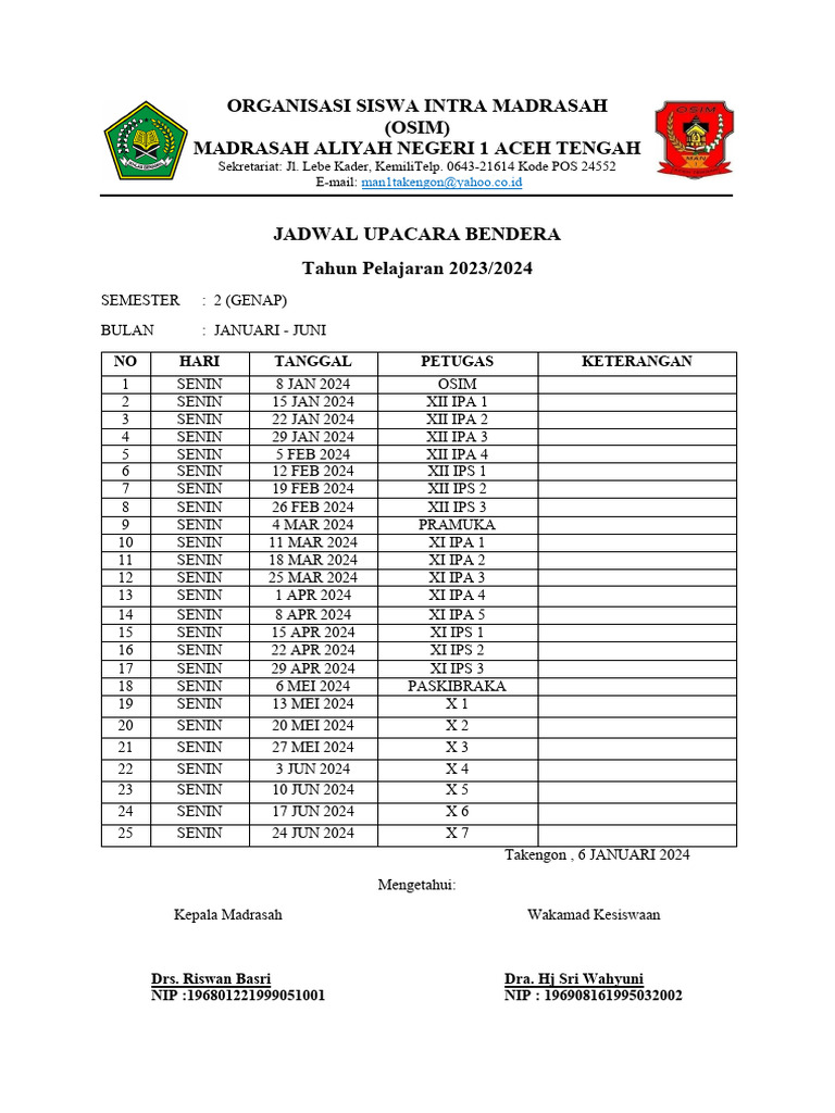 JADWAL UPACARA 2024 (Semester 2) | PDF