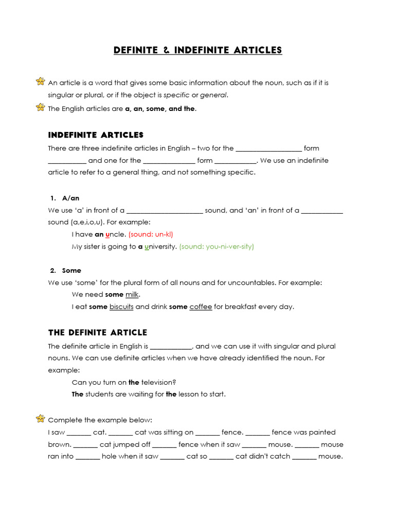 Definite and Indefinite Articles Worksheet | PDF | Plural | Morphology