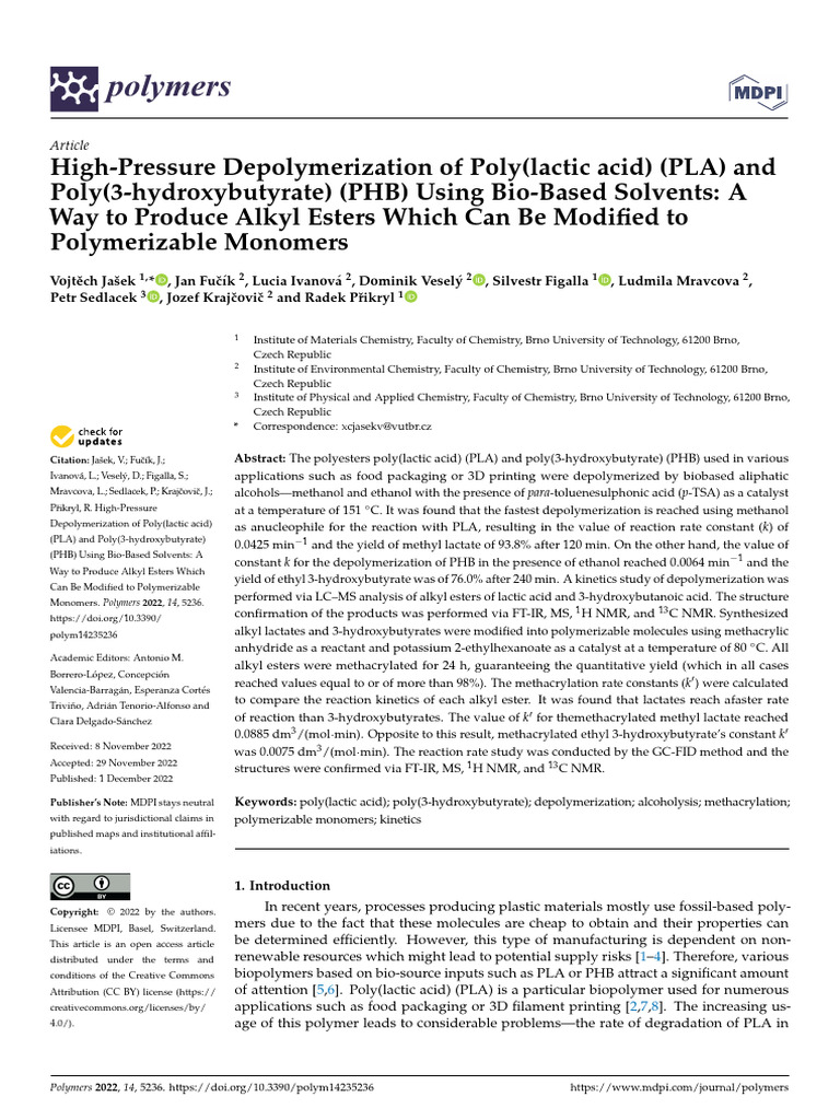 High-Pressure Depolymerization of Polylactic Acid | PDF | Chemistry ...