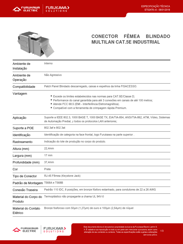 Conector Fêmea Blindado CAT.5E Furukawa | PDF | Eletrônicos ...