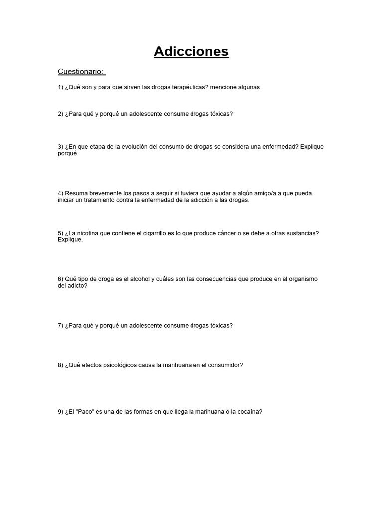 Cuestionario Adicciones | PDF | Drogas | Alcoholismo