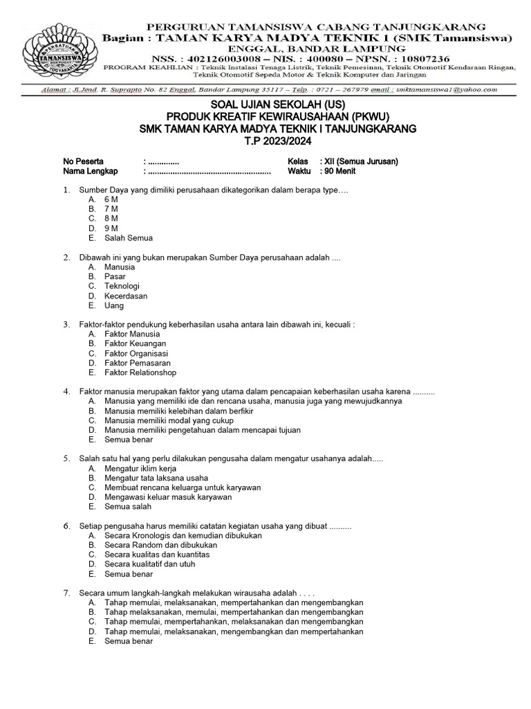 Soal Us Pkwu 2024 | PDF