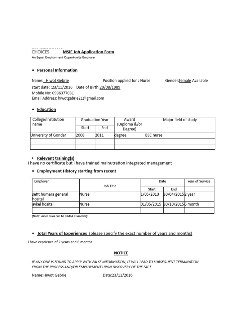 MSIE Job Application Form | PDF