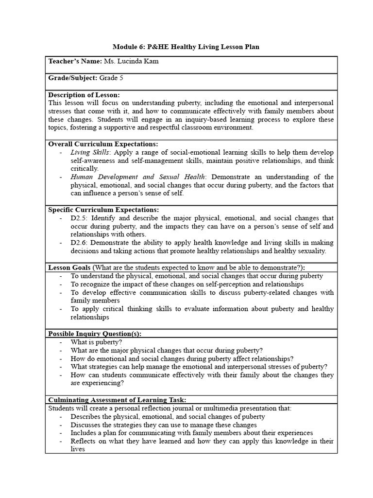 Module #6 - Healthy Living Lesson Plan - Lucinda | PDF | Self Concept ...