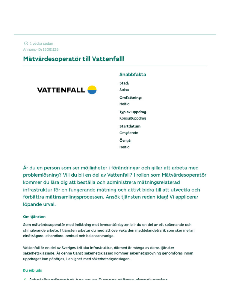Mätvärdesoperatör Till Vattenfall! - Academic Work | PDF