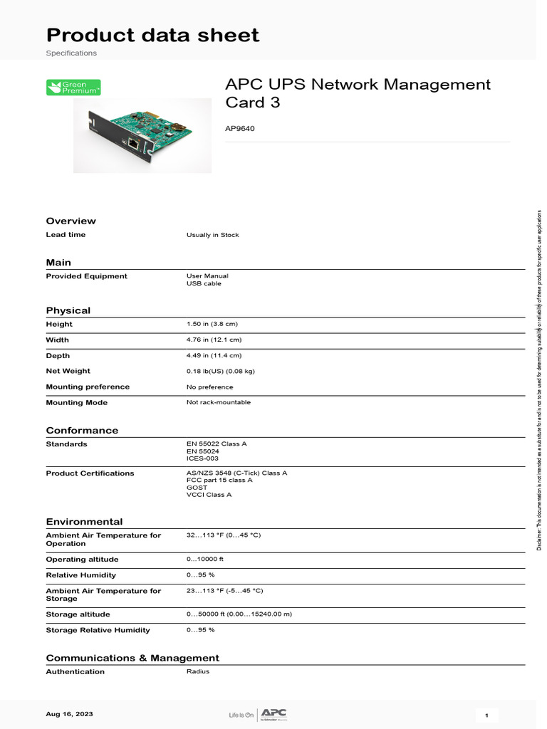 UPS Network Management Cards - AP9640 | PDF | Computers | Technology ...