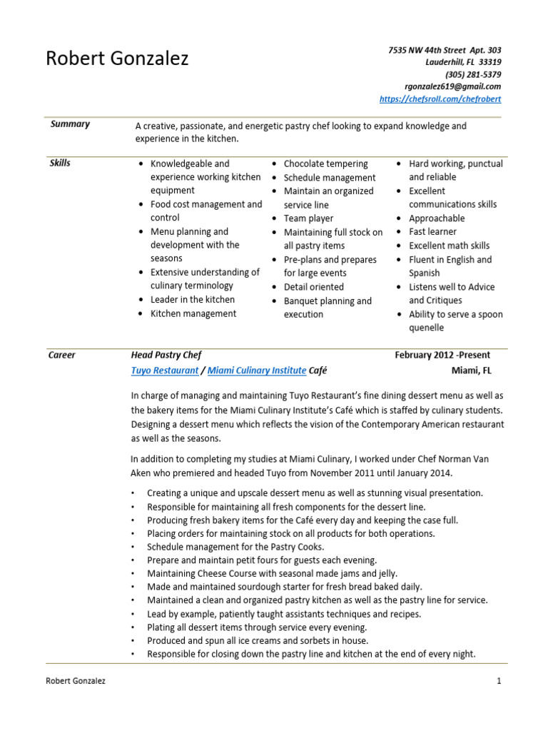 Pastry Chef Resume PDF | PDF | Chef | Restaurants