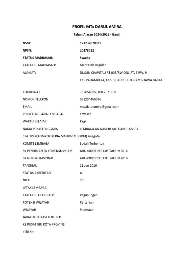 Profil Madrasah MTs Darul Amira | PDF