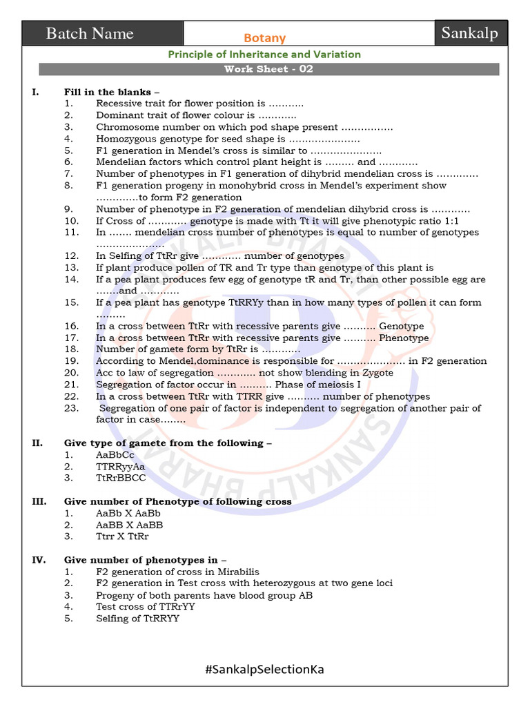 Principle of Inheritance and Variations Worksheet 02 - 2791 ...