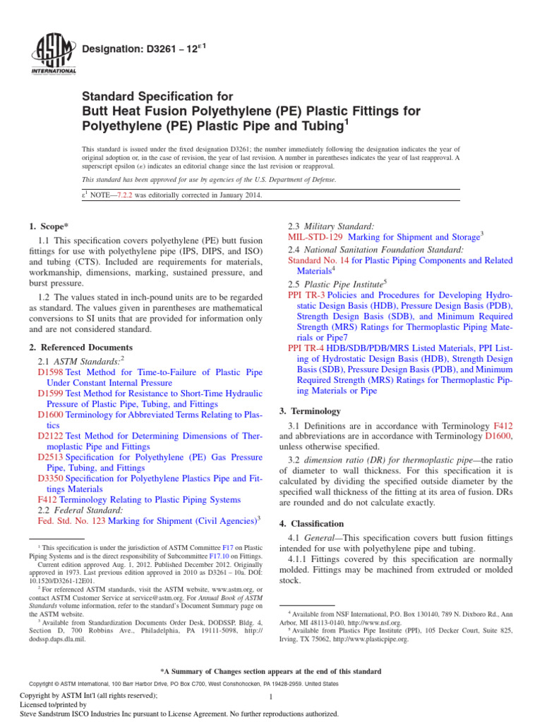 ASTM D3261 Ed.12 - Butt Heat Fusion Polyethylene (PE) Plastic Fittings For Polyethylene Plastic ...