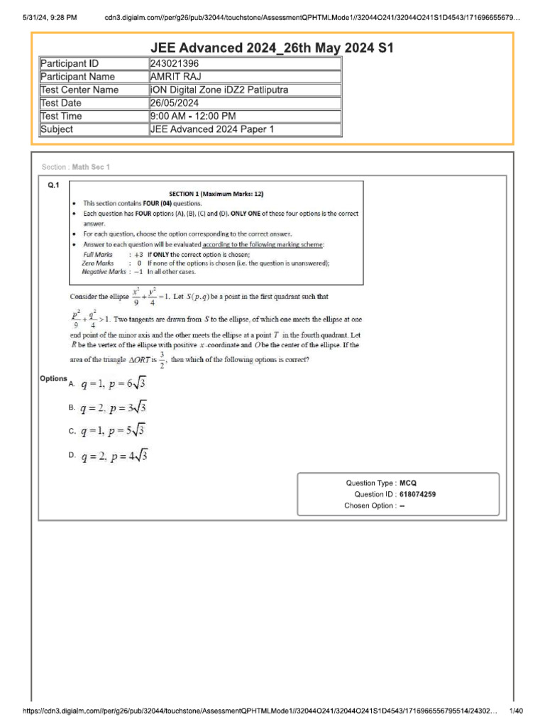 JEE-Adv 2024 Paper 1 Response Sheet | PDF