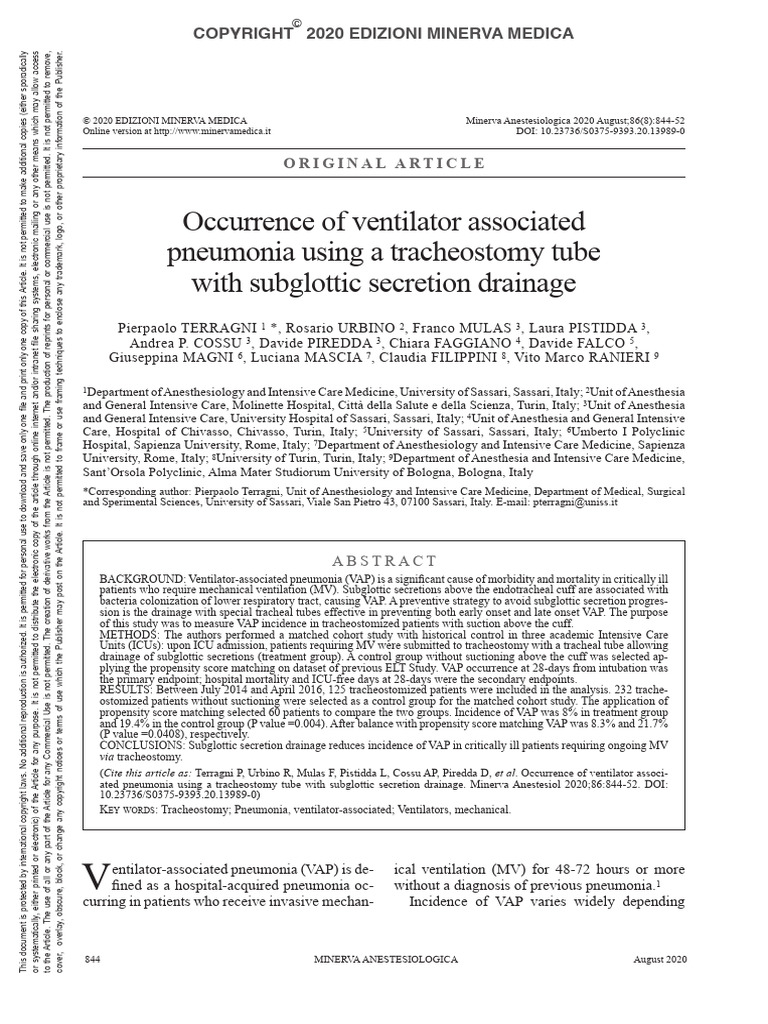 Occurrence of Ventilator Associated Pneumonia Using A Tracheostomy Tube ...